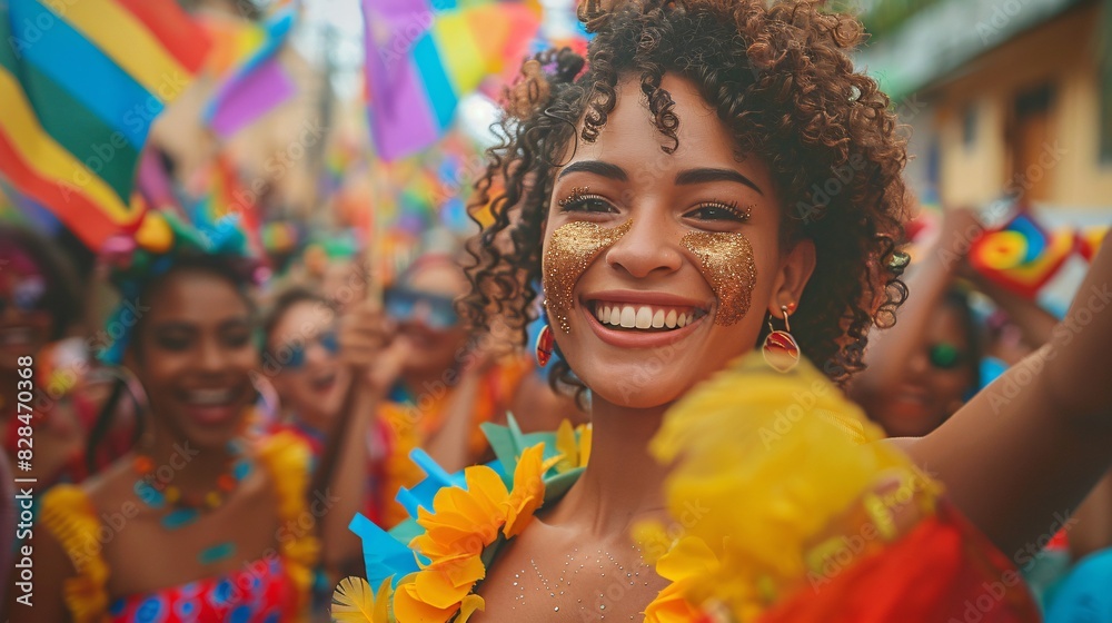 A diverse group of people celebrating pride with colorful flags and ...