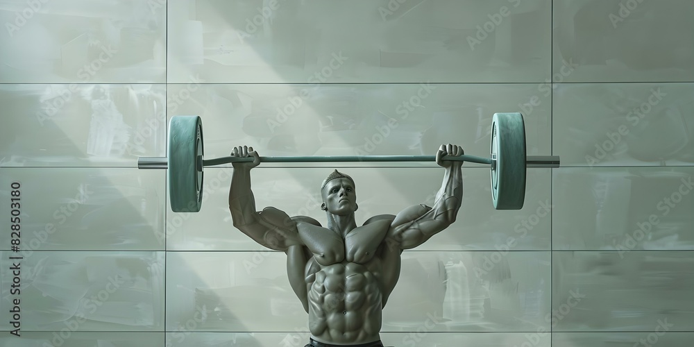 Muscular weightlifter lifts heavy barbell made of Plasticine in unique ...