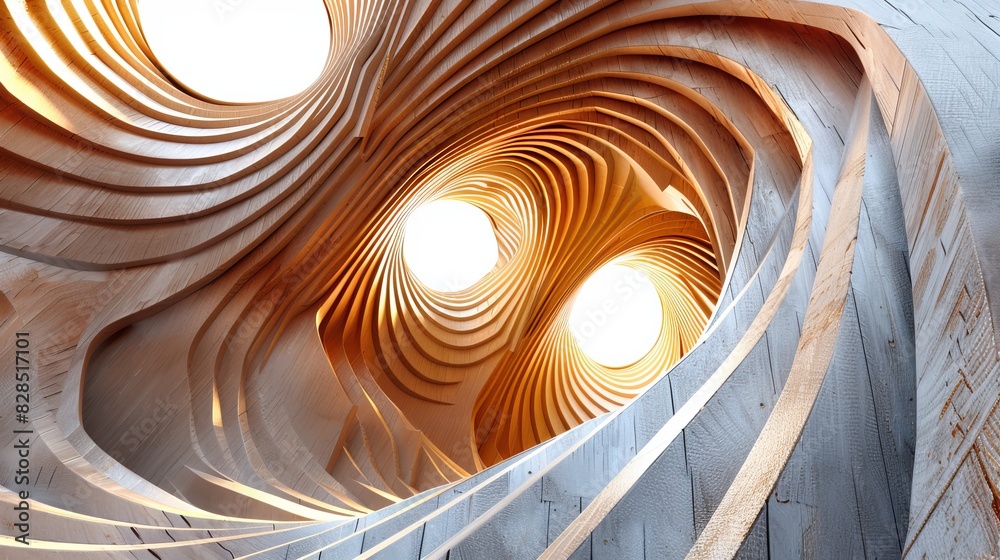 Abstract of wooden pattern twisted shape architecture facade details Perspective of future ...