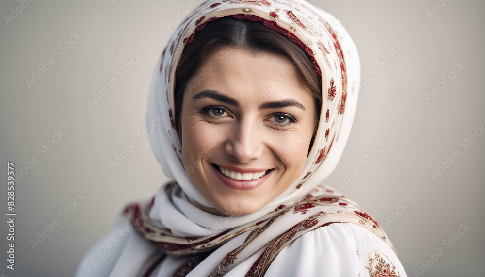 portrait of a Turkish woman in traditional dress with a sincere smile ...