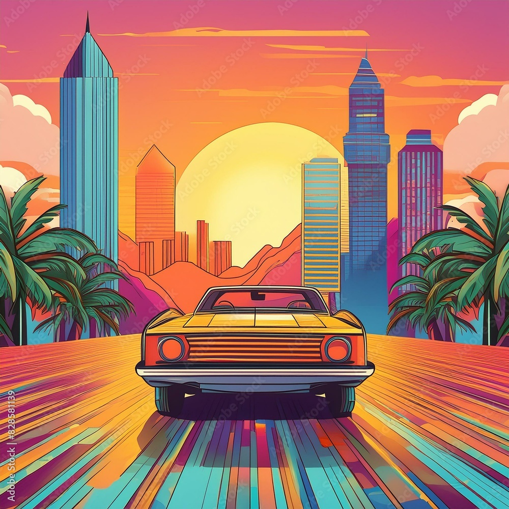 copy space, Summer vibes 80s style illustration, car driving ...