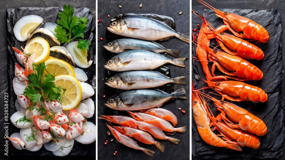 Different types of seafood laid out on dark surfaces. This image shows ...