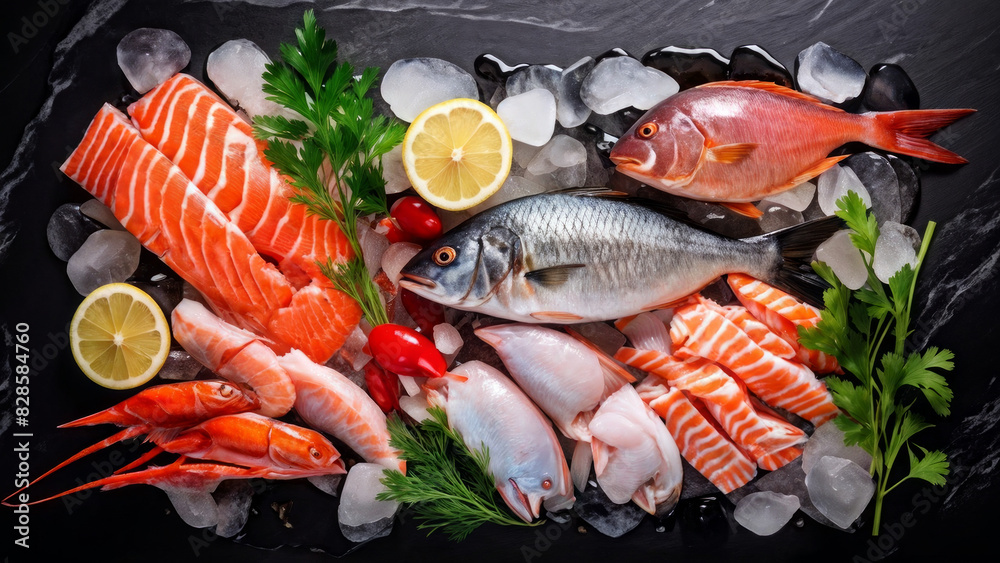 Different types of seafood laid out on dark surfaces. This image shows ...