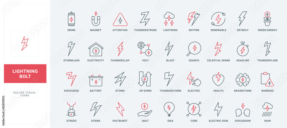 Vector de Stock Lightning bolt shapes line icons set. Electricity and ...
