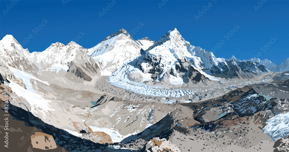 mount Everest Lhotse and Nuptse from Nepal side as seen from Pumori base camp, vector ...