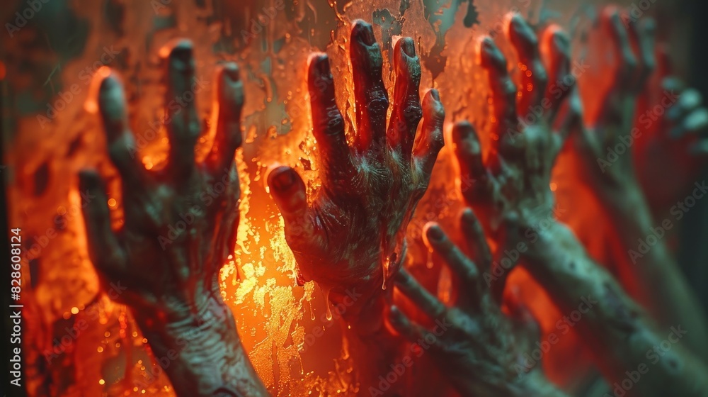 Creepy image resembling a horror scene with hands pressing on a wet ...