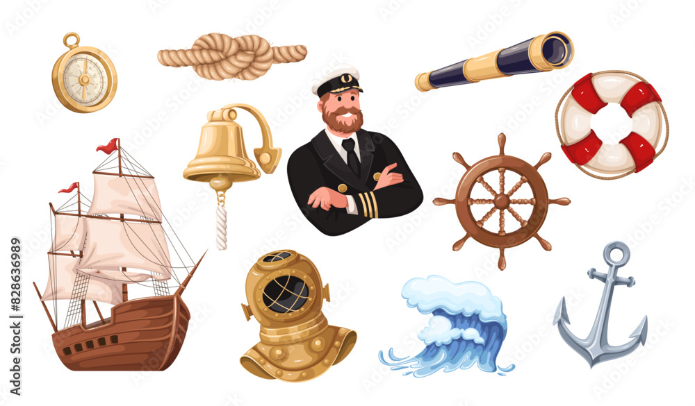 Cartoon sea elements set, old nautical equipment of ship and characters. Vintage wheel and ...