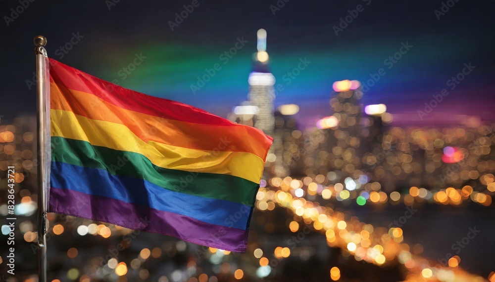 LGBT flag against the backdrop of a large night glowing city metropolis ...