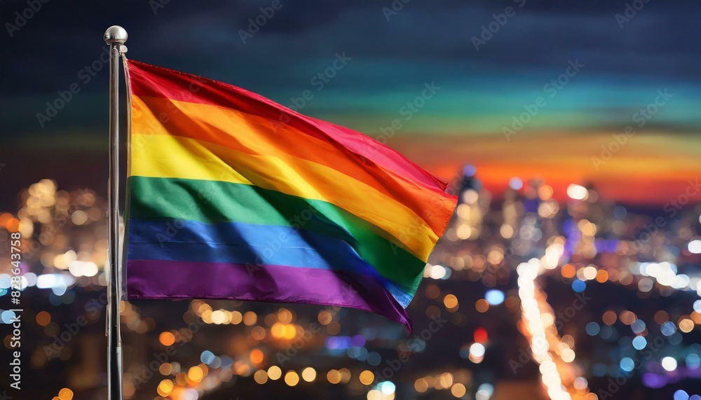 LGBT flag against the backdrop of a large night glowing city metropolis ...