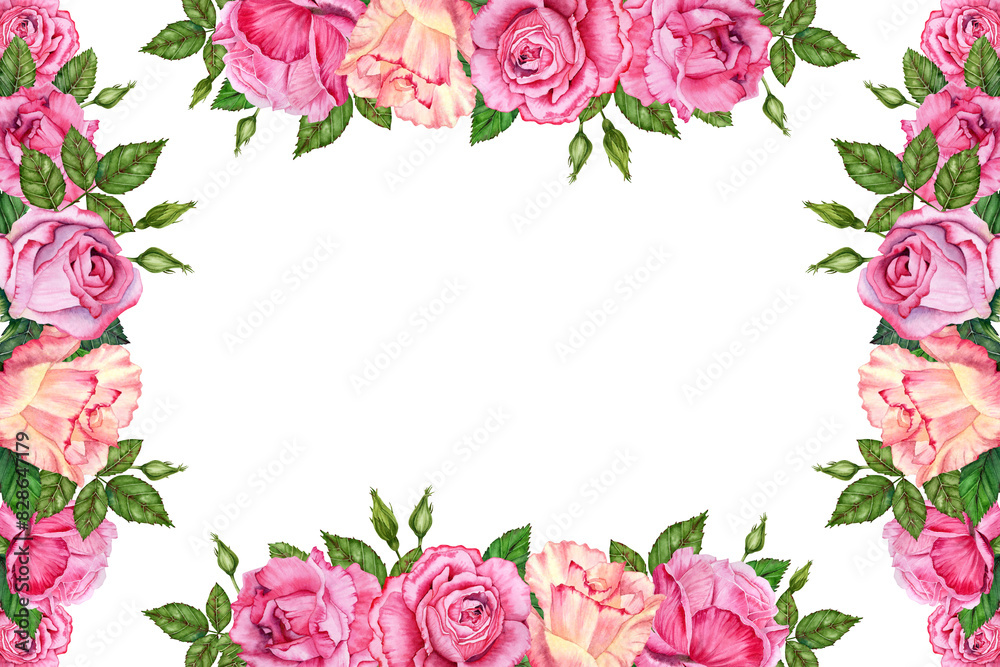 Pink roses postcard composition. Flowers with leaves copy space frame ...