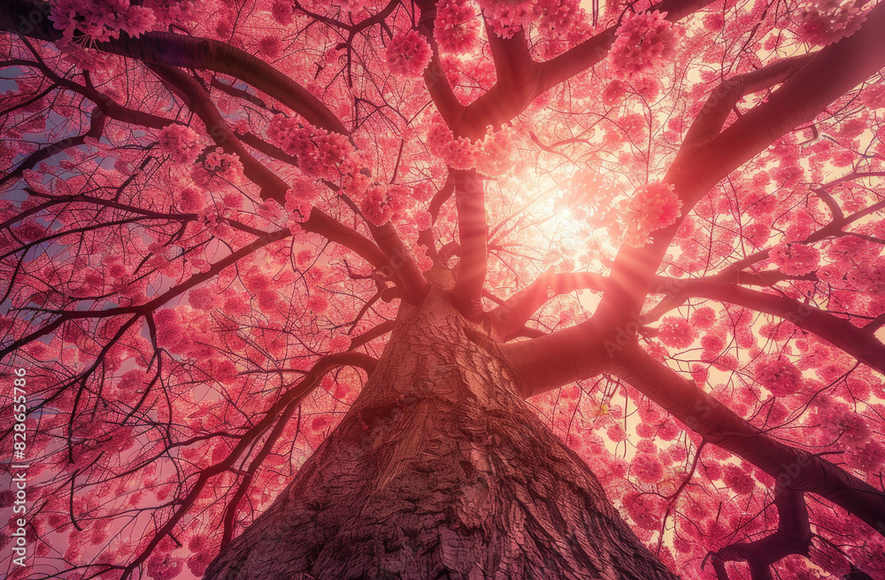 The pink tree of life blooms in the sky, with huge branches reaching up ...