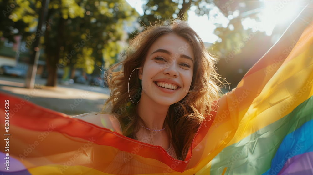 Lady holding rainbow color flag, symbol of LGBT pride month celebrate ...