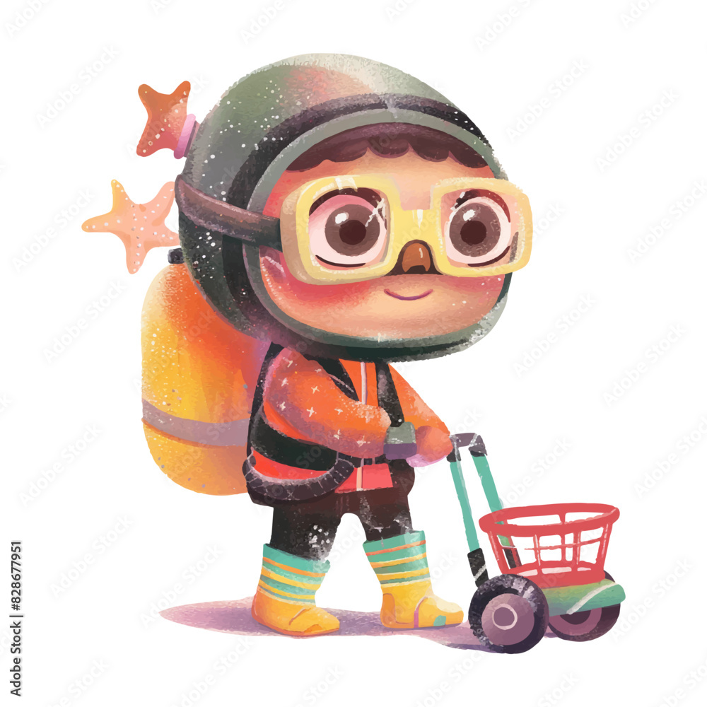 Cute diver push trolley white background (2) Stock Vector | Adobe Stock