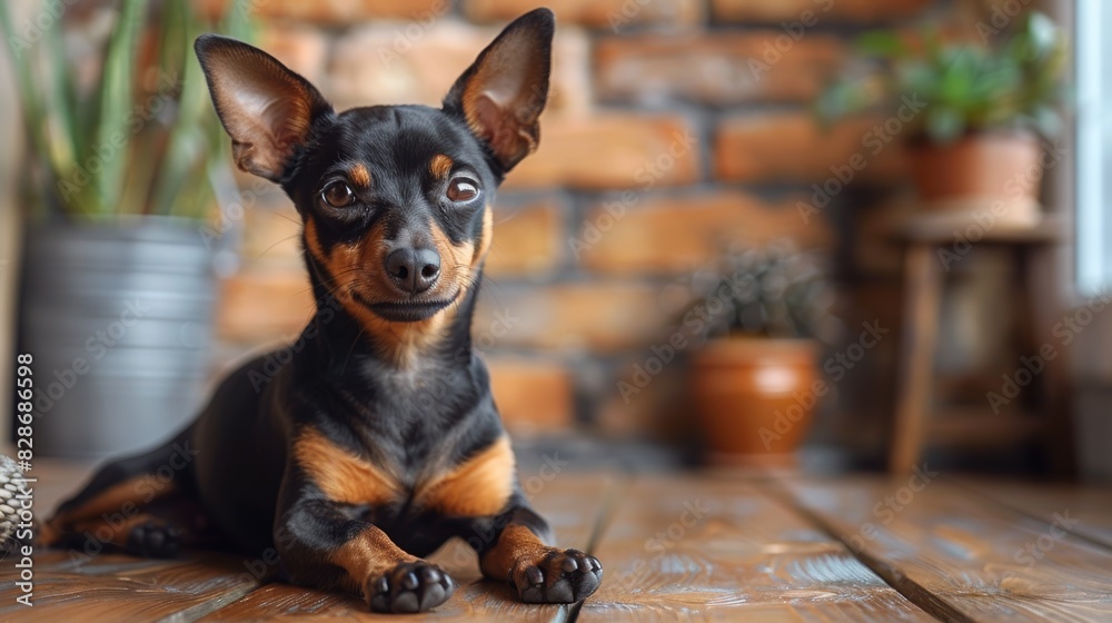cute min pin with perky ears on wood floor, showcasing small dog breed ...