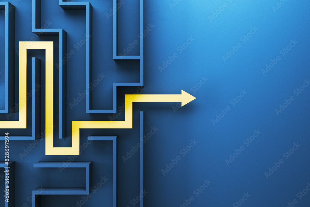 A labyrinth maze with a glowing yellow path on a blue background ...