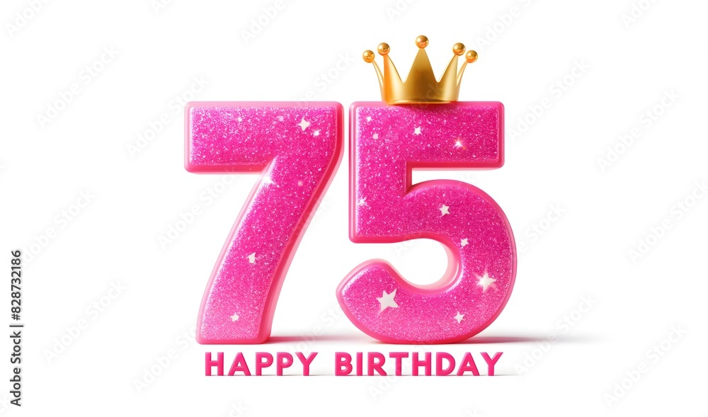 75th Birthday Graphic with Pink Glitter, Yellow Crown, and 3D 'Happy ...