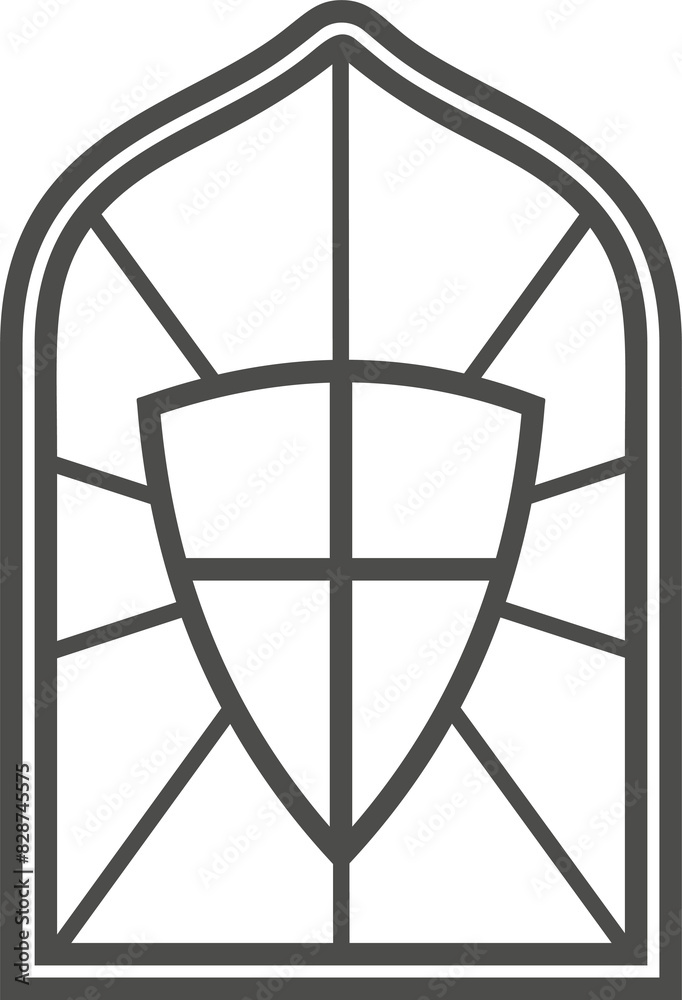 Church glass window. Gothic arch frame with medieval symbol. Vintage architecture element ...