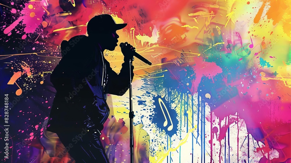 hip hop rapper performing on stage at night club silhouette on colorful ...