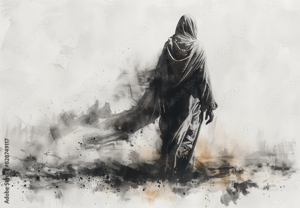 Jesus walking alone, watercolor sketch of Jesus Christ on white ...