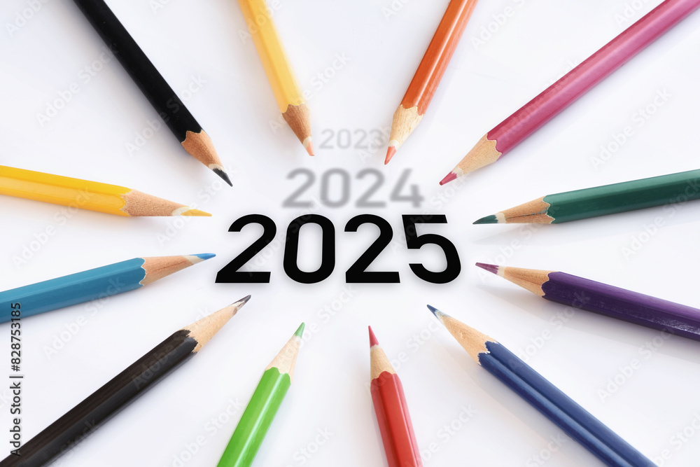 2023 to 2025 with colored pencils isolated on white background ...