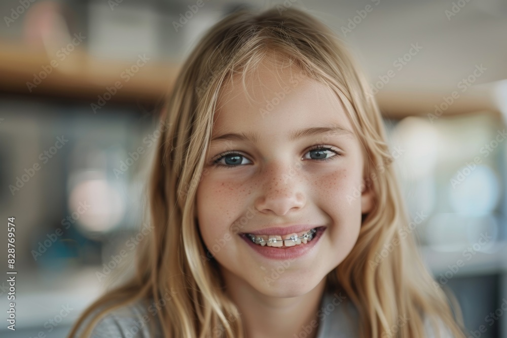 With a charming smile, Caucasian girl wearing braces sits in ...