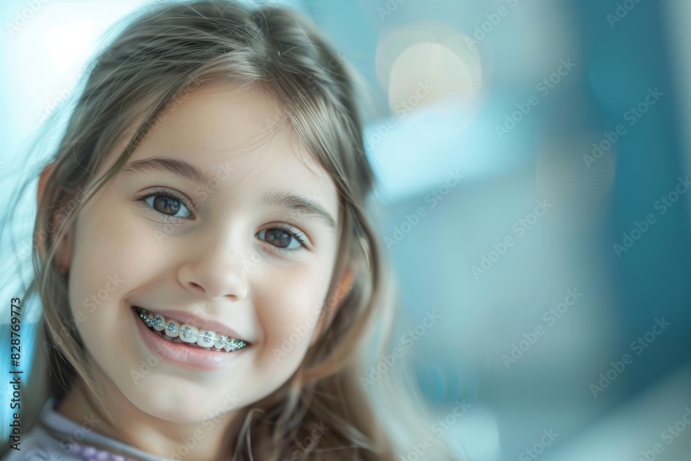 Foto With a charming smile, Caucasian girl wearing braces sits in ...