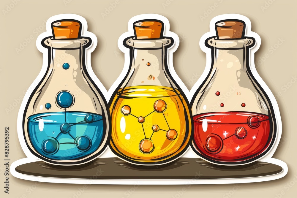 Whimsical vector illustration of potion bottles on a yellow background ...