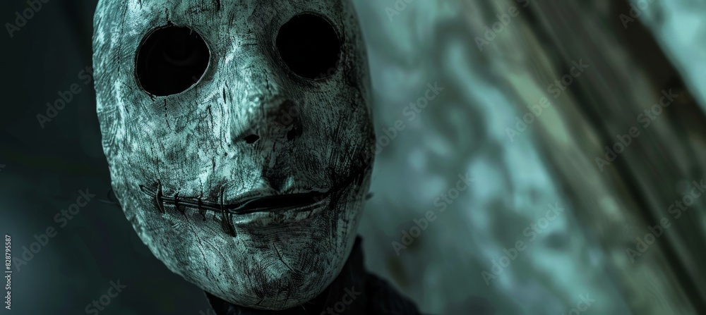 Eerie Mask with Empty Eyes and Sinister Smile Against Dark Background ...