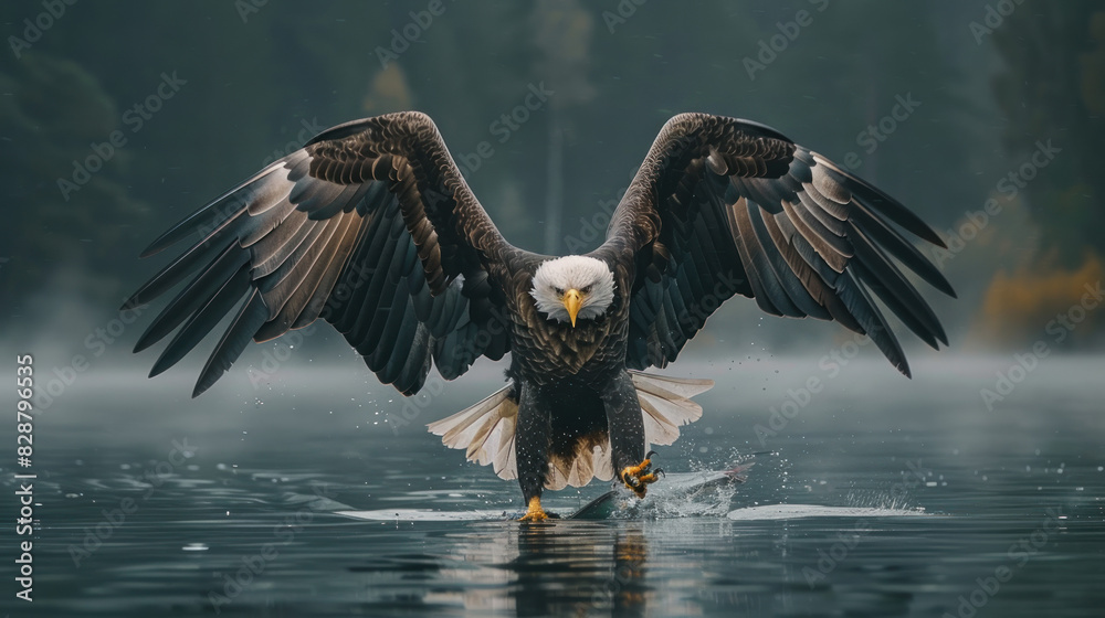 An eagle facing the camera in front and spread its wings and land upon ...
