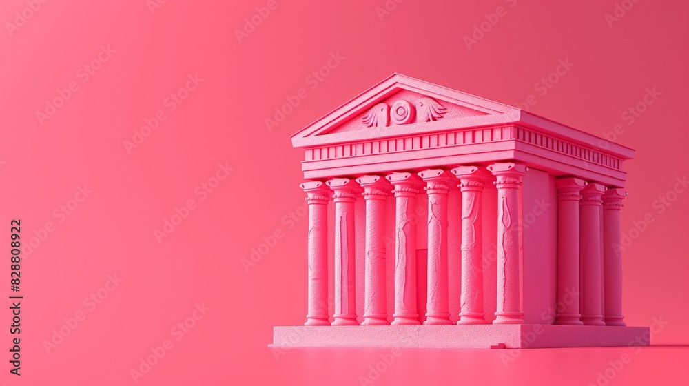 A minimalistic pink 3D model of an ancient Greek temple with columns ...