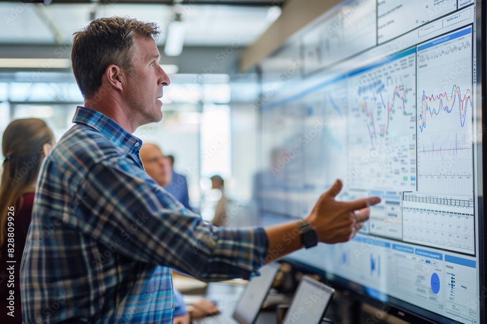 A project manager presenting a detailed plan on a digital screen, with ...