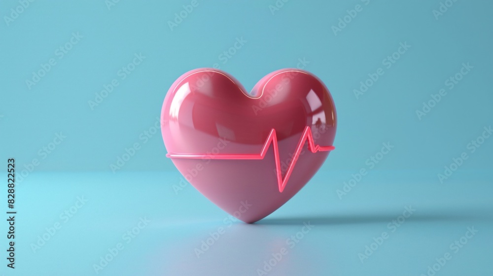 Pink heart-shaped object with a cardiac pulse line on a blue background ...