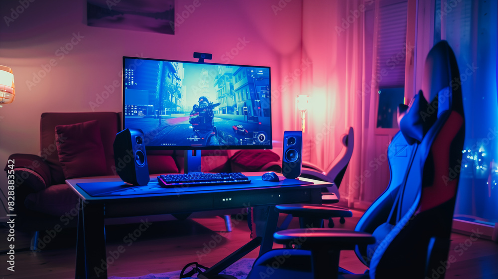 Powerful Personal Computer Gamer Rig with First-Person Shooter Game on ...