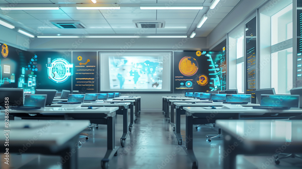 In a modern, futuristic classroom, interactive digital whiteboards and ...