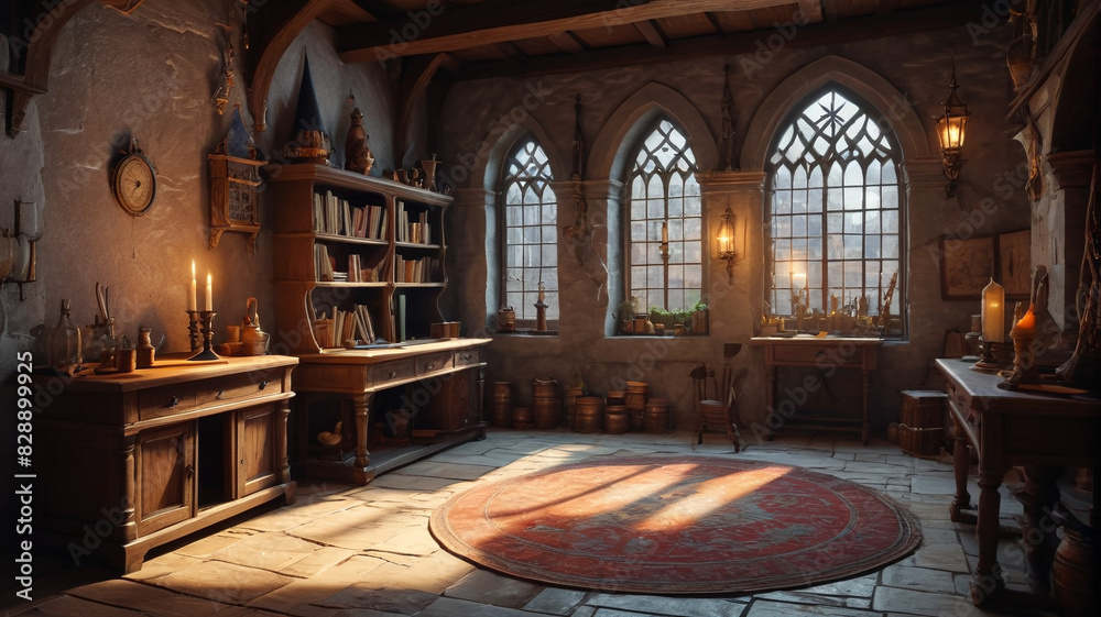 Magic wizard school room set in a medieval house, depicted in a cartoon ...
