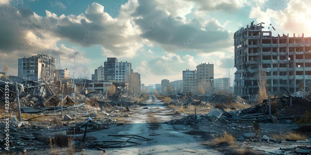 Desolate urban landscape after apocalypse Devastated structures and ...