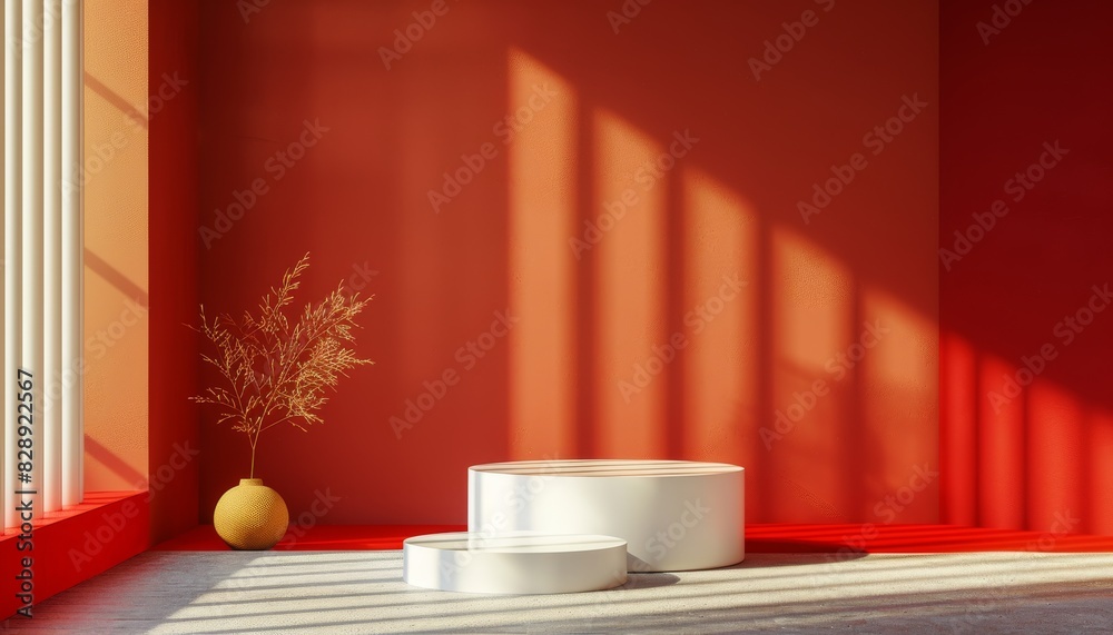 Vibrant product podium in Inca Gold and Scarlet Sage with minimalist ...