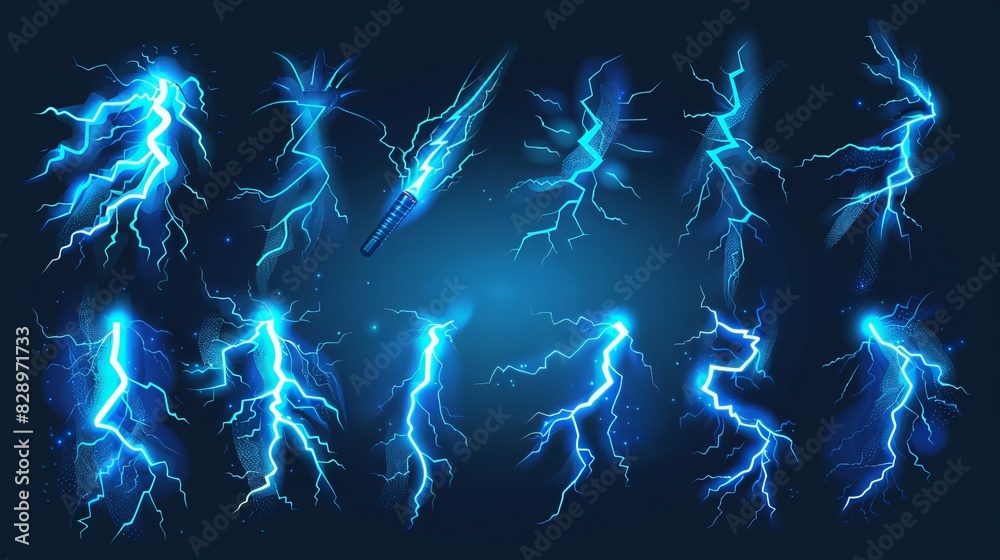 Animated cartoon lightning sprite. Blue vector thunderbolts strike in a sequence of frames for a ...