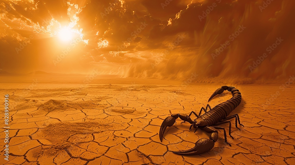Black scorpion on cracked soil in sunset sunlight and impending ...