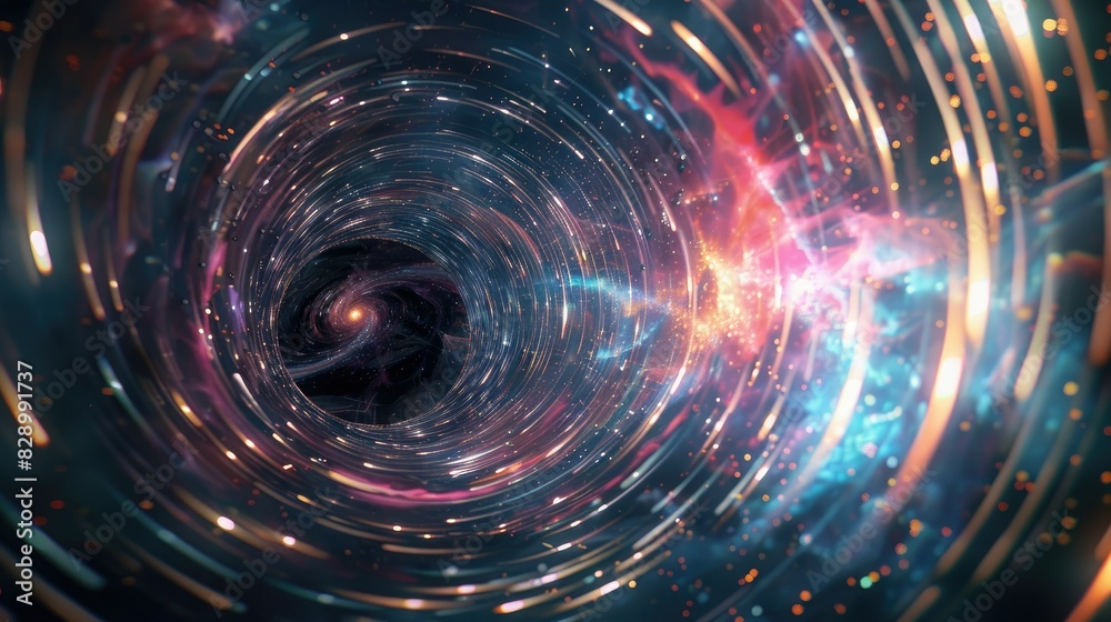 360° space view with light beams, dark matter, infinite spiral effect ...