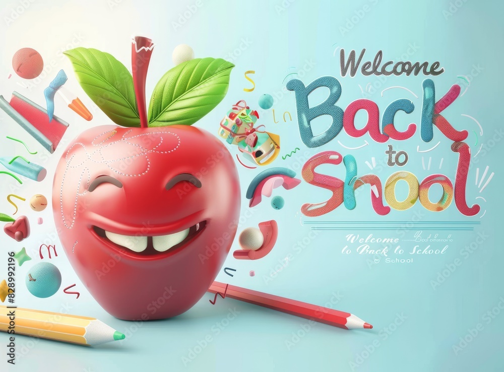Cheerful 'Welcome Back to School' Illustration with a Smiling Red Apple ...