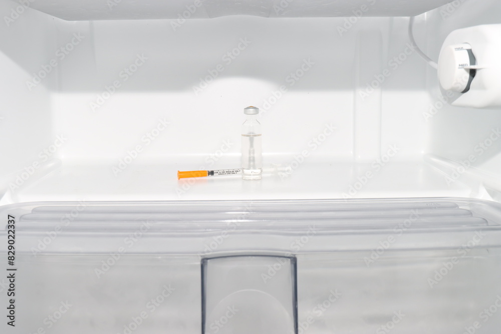 Insulin vial and insulin syringe isolated in an empty refrigerator ...