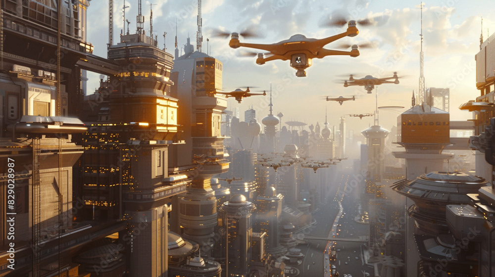 concept art of cyber city with drone at sunset , futuristic cityscape ...