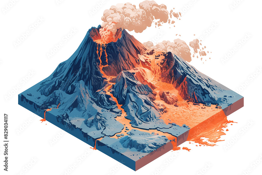 Isometric terrain of volcanic eruption with lava flow. Illustration ...