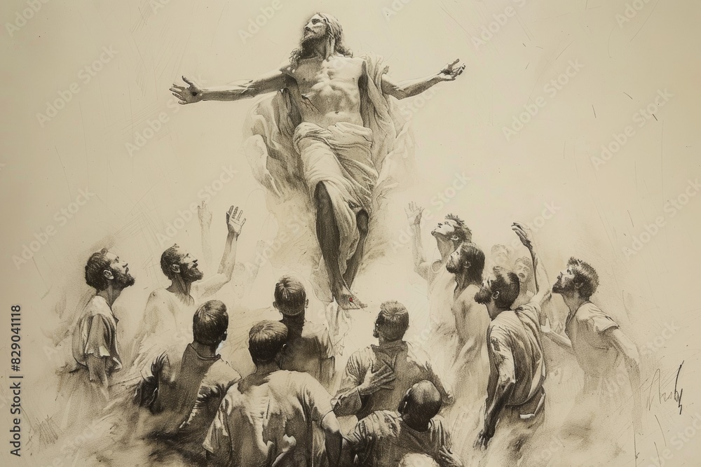 Jesus floating in the air with his disciples looking up at him, cartoon ...