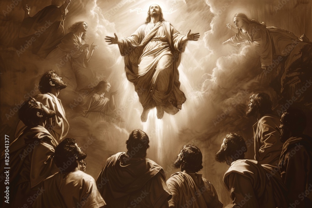 Jesus floating in the air with his disciples looking up at him, cartoon ...