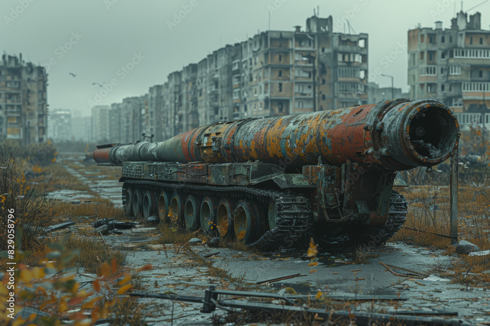 Anti-tank guided missile launcher hidden in the urban sprawl, ready to ...