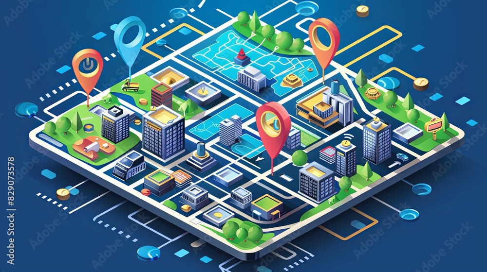 Isometric GPS tracking map with numerous buildings, showing navigation ...