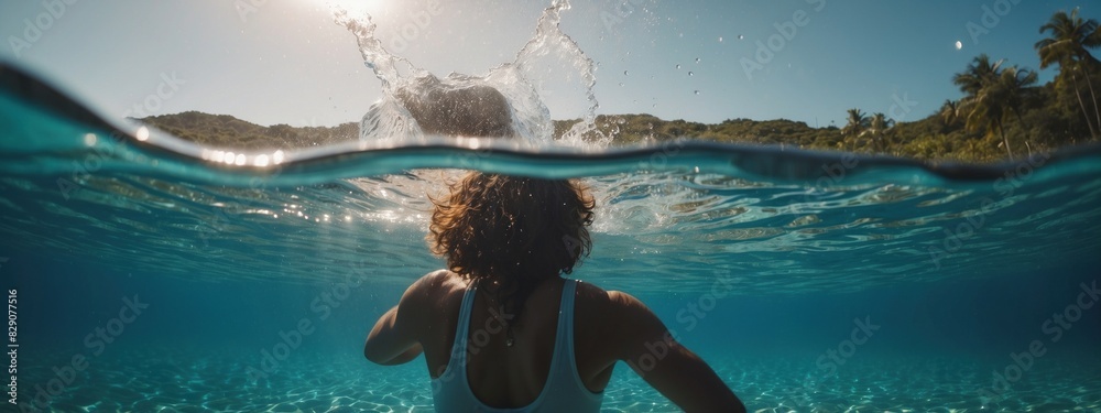cheerful person submerged in a sea of crystal clear water, enjoying ...