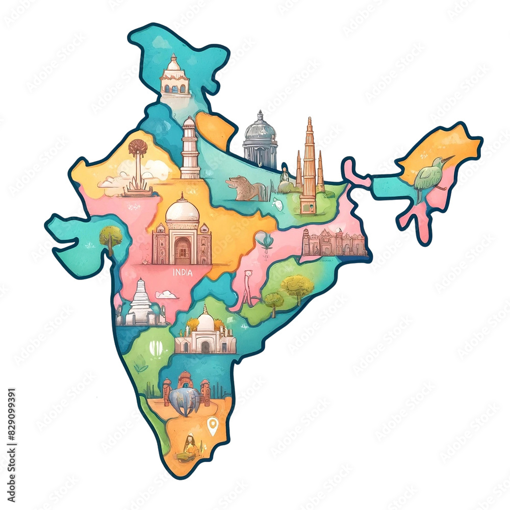 Illustrated Map of India with Landmarks Stock Illustration | Adobe Stock